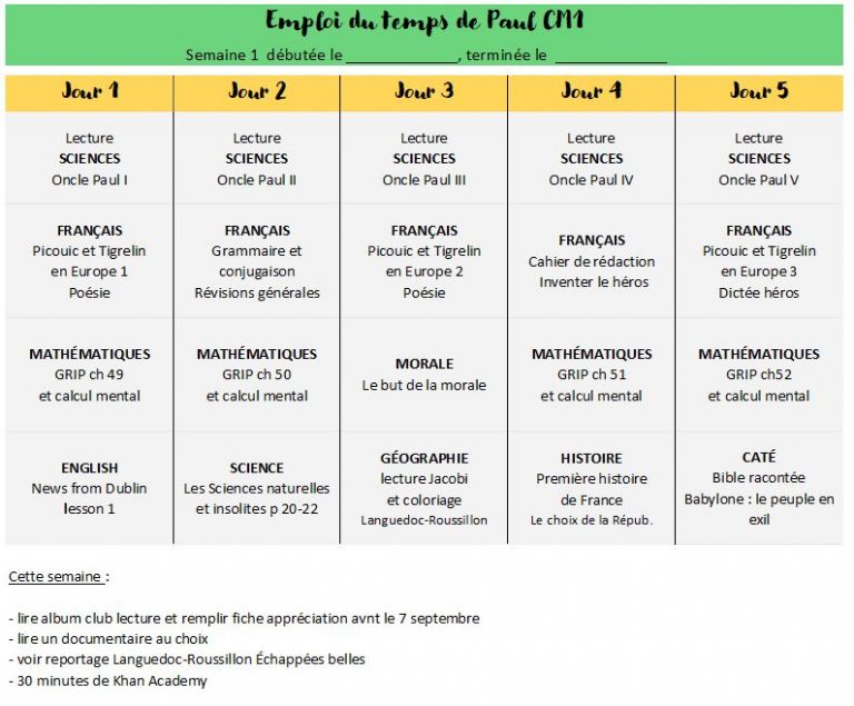 Emploi du temps cm1 copyright crapaud-chameau.com - Crapaud Chameau